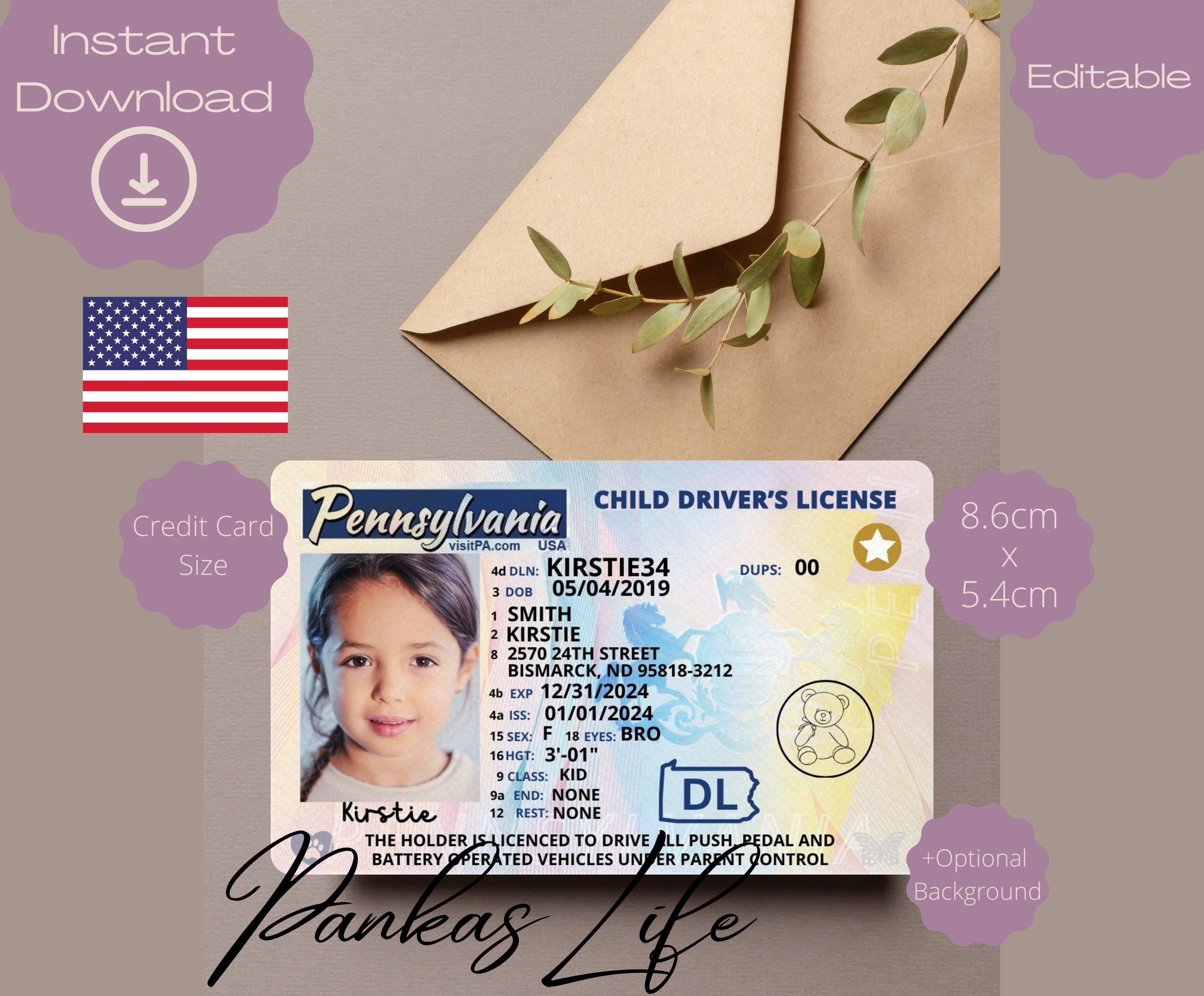 Pretend Play Usa Driver License for Kids, Pennsylvania Driving Licence ...