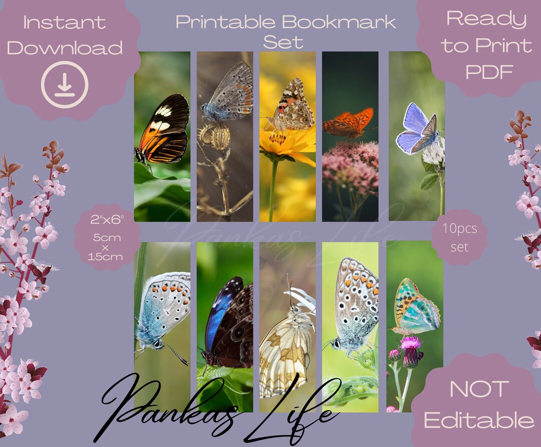 Printable Butterfly Bookmark Set Party Favor Gift Downloadable Bookmark ...