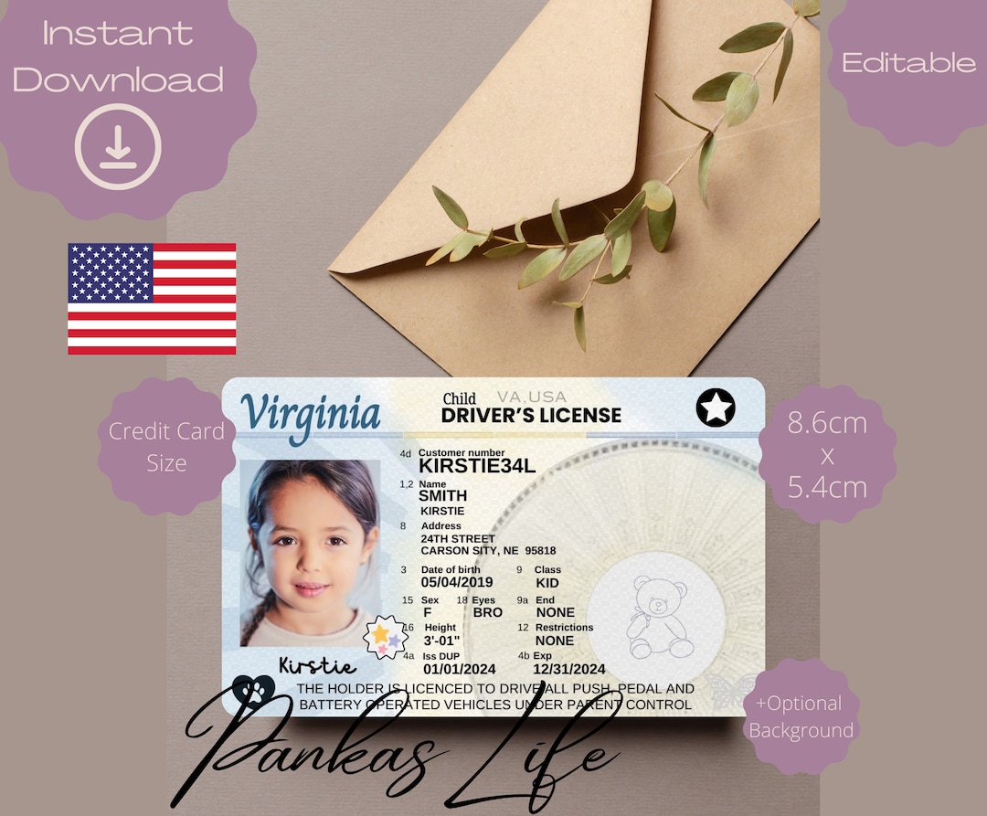 Editable Pretend Play Usa Driver License for Kids Virginia Driving ...