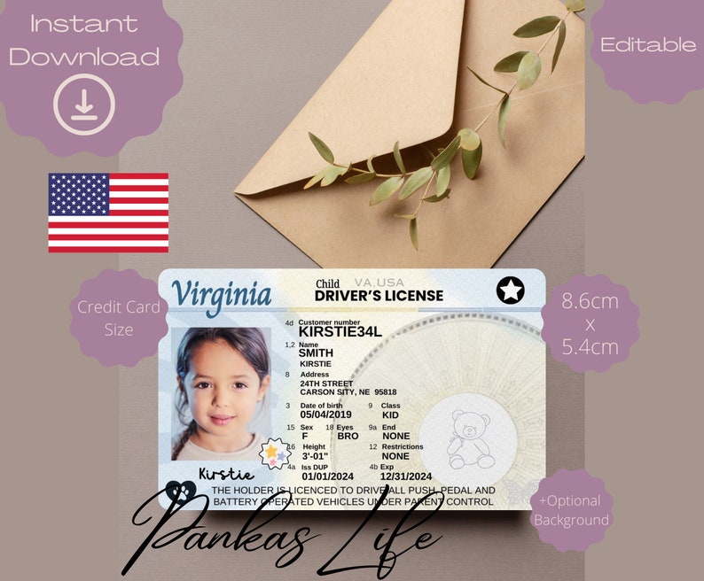 Editable Pretend Play Usa Driver License for Kids Virginia Driving ...