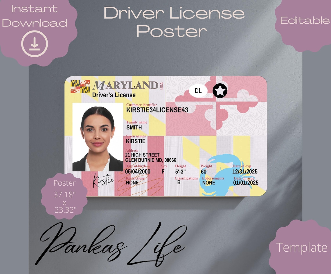 Maryland Driver License Poster for Kids, US Driving Licence Template ...