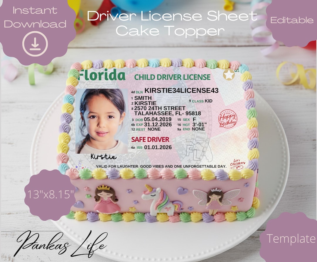 Editable Toy Driver License Sheet Cake Topper, Personalized Florida ...