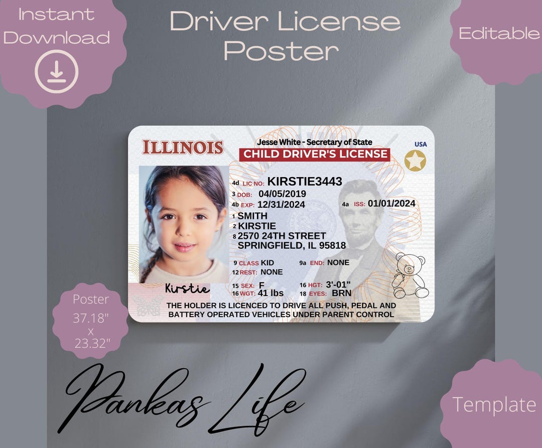 Illinois Driver License Poster for Kids, US Driving Licence Template ...