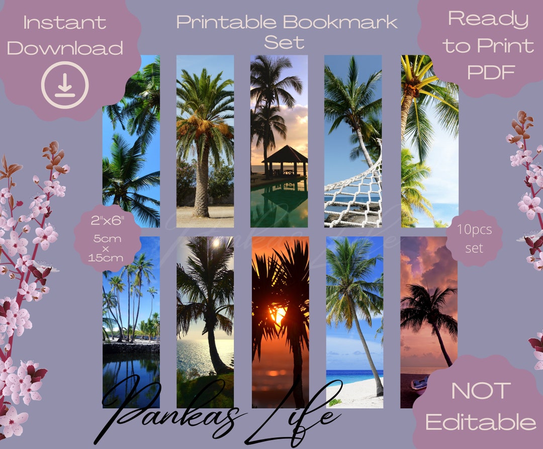 Set of 10 Palm Tree Bookmark, Printable Tropical Decor, Downloadable ...
