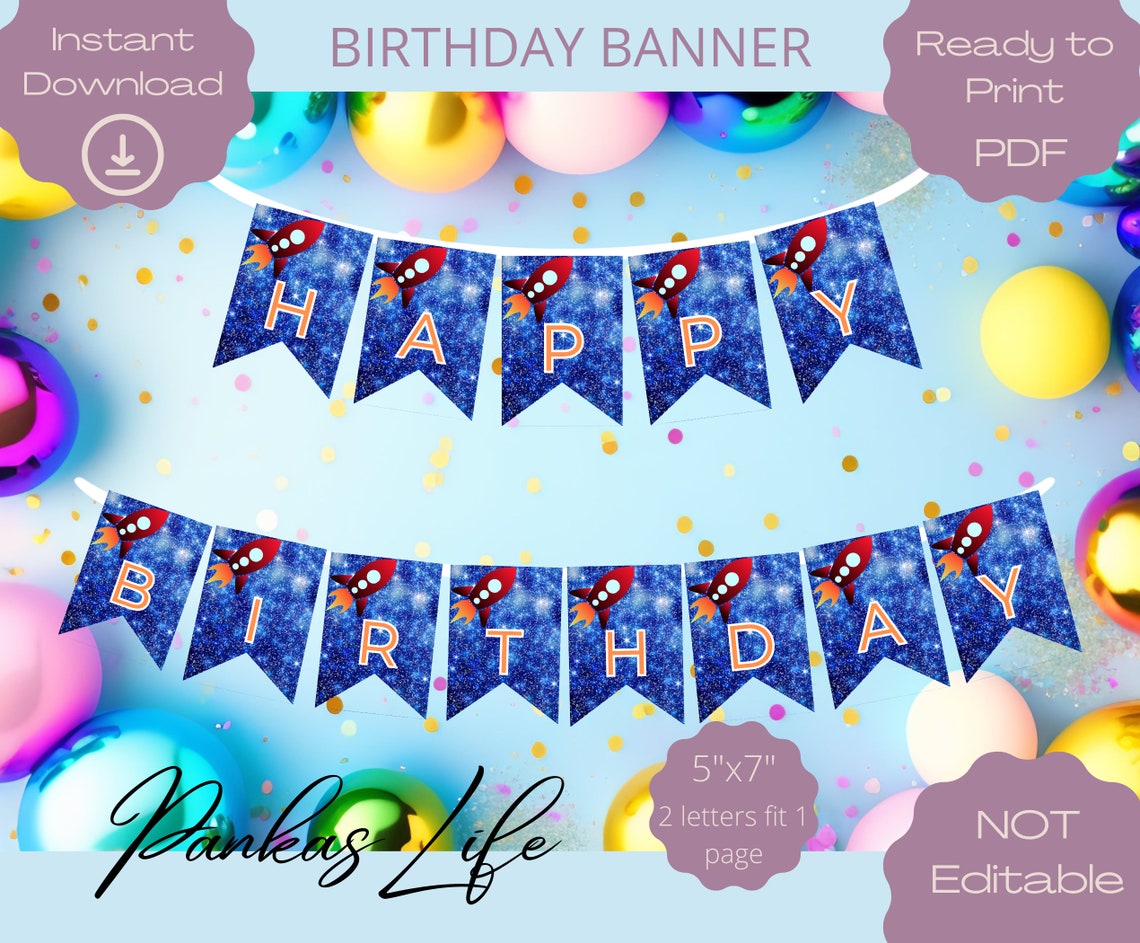 Rocket Space Happy Birthday Banner, Printable Astronaut Birthday ...