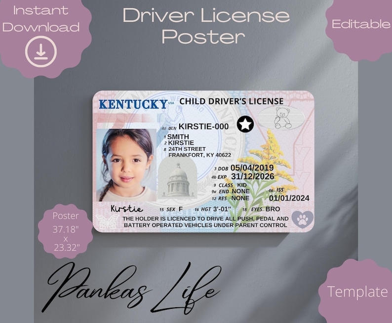 Kentucky Driver License Poster for Kids, US Driving Licence Template ...