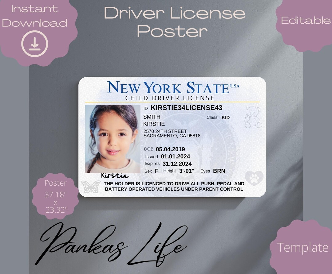 New York Driver License Poster for Kids, US Driving Licence Template ...