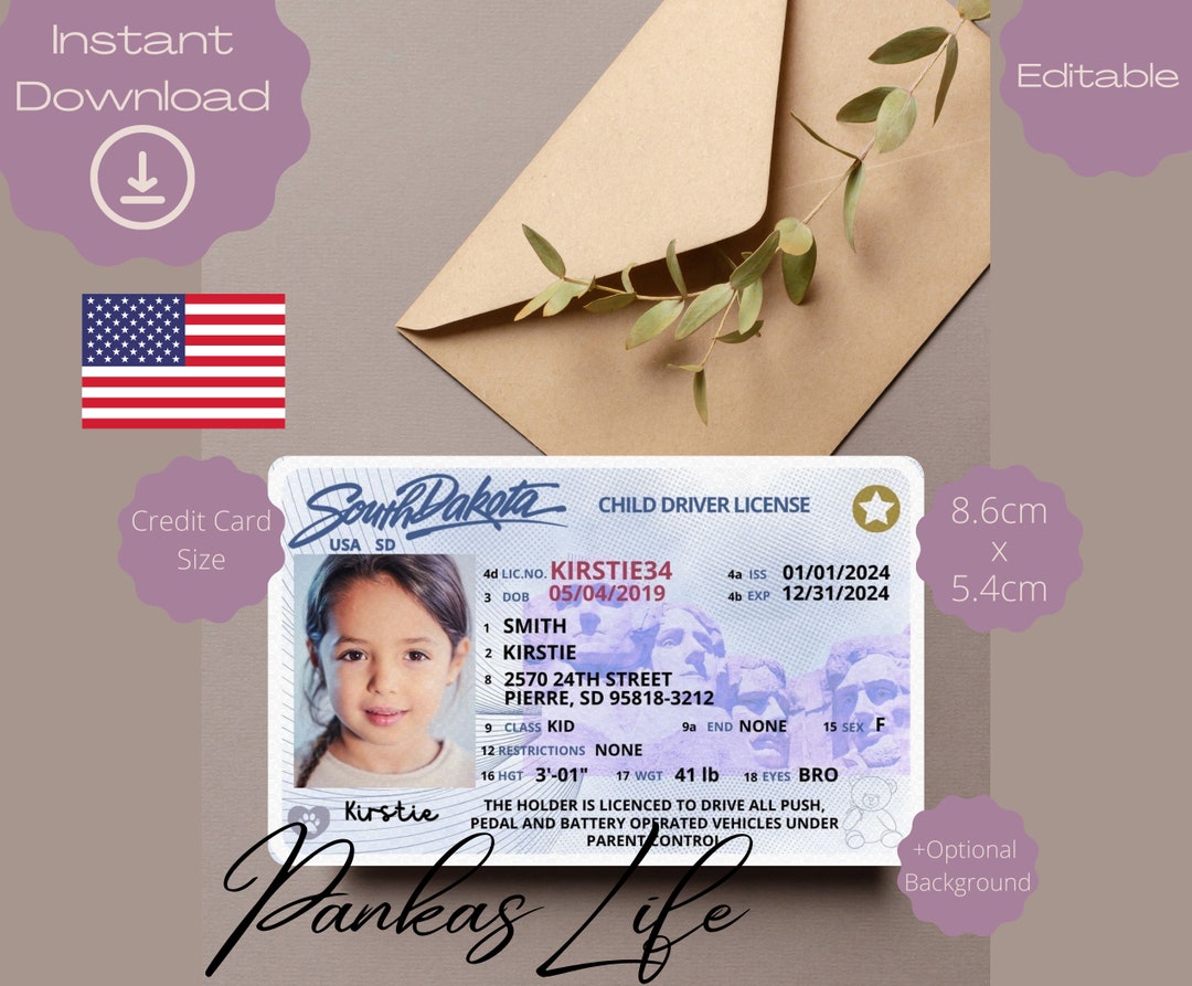 Pretend Play Usa Driver License for Kids, South Dakota Driving Licence ...