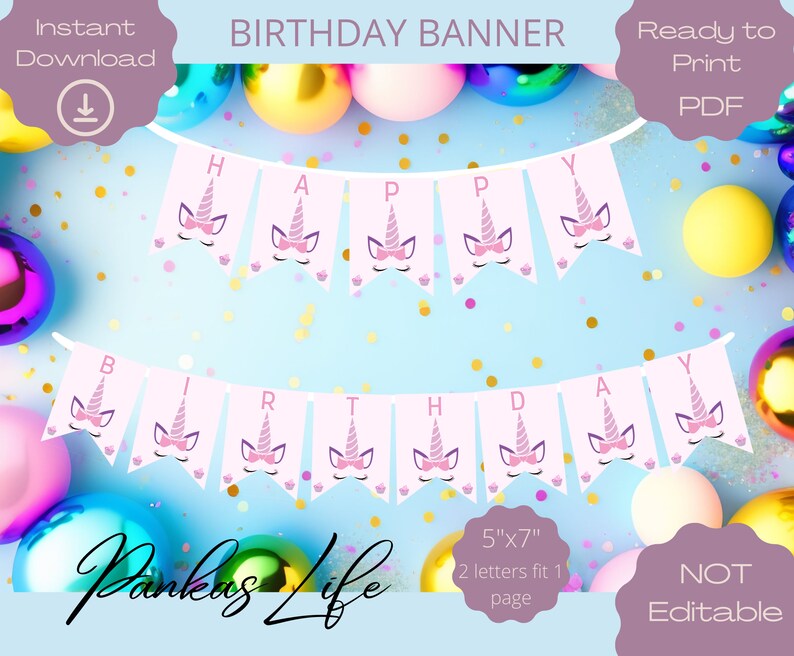 Unicorn Happy Birthday Banner, Printable Unicorn Birthday Decorations ...