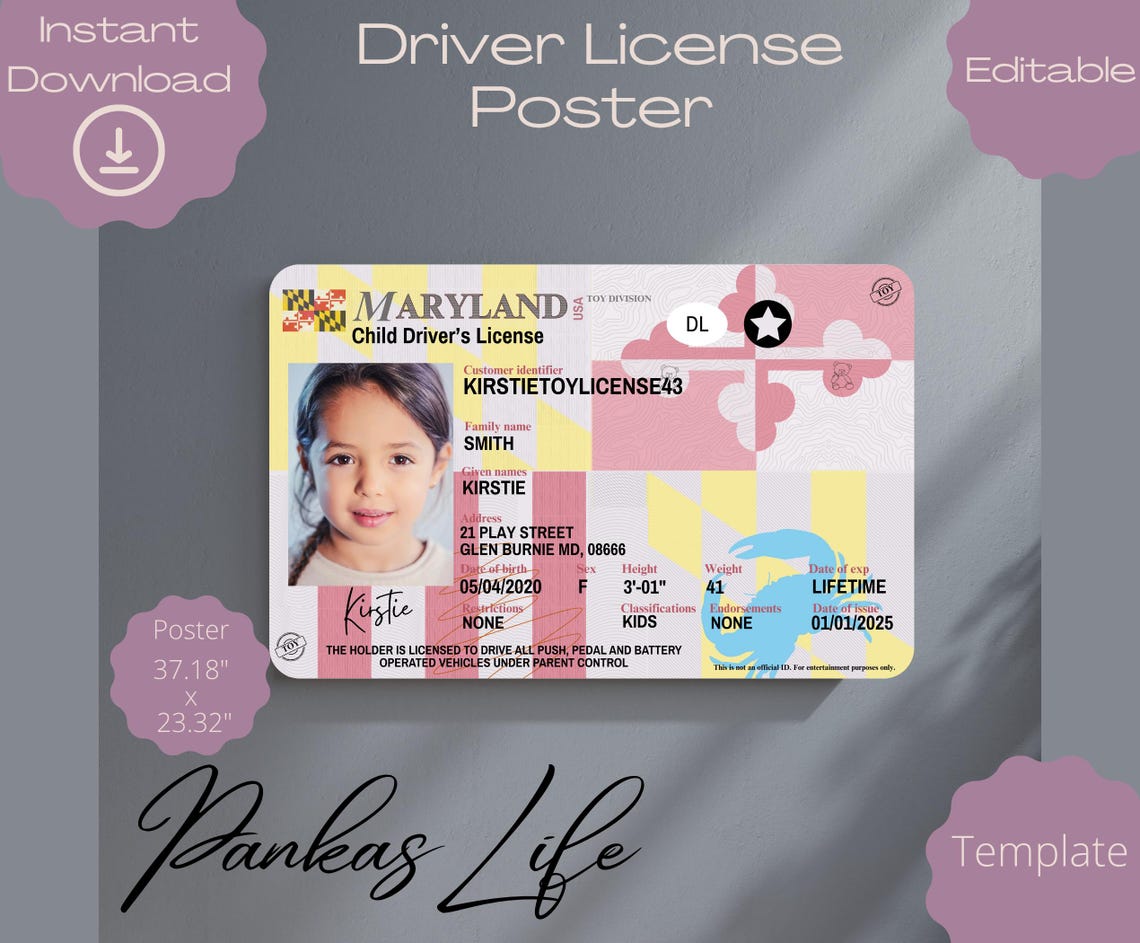 Maryland Driver License Poster for Kids, US Driving Licence Template ...