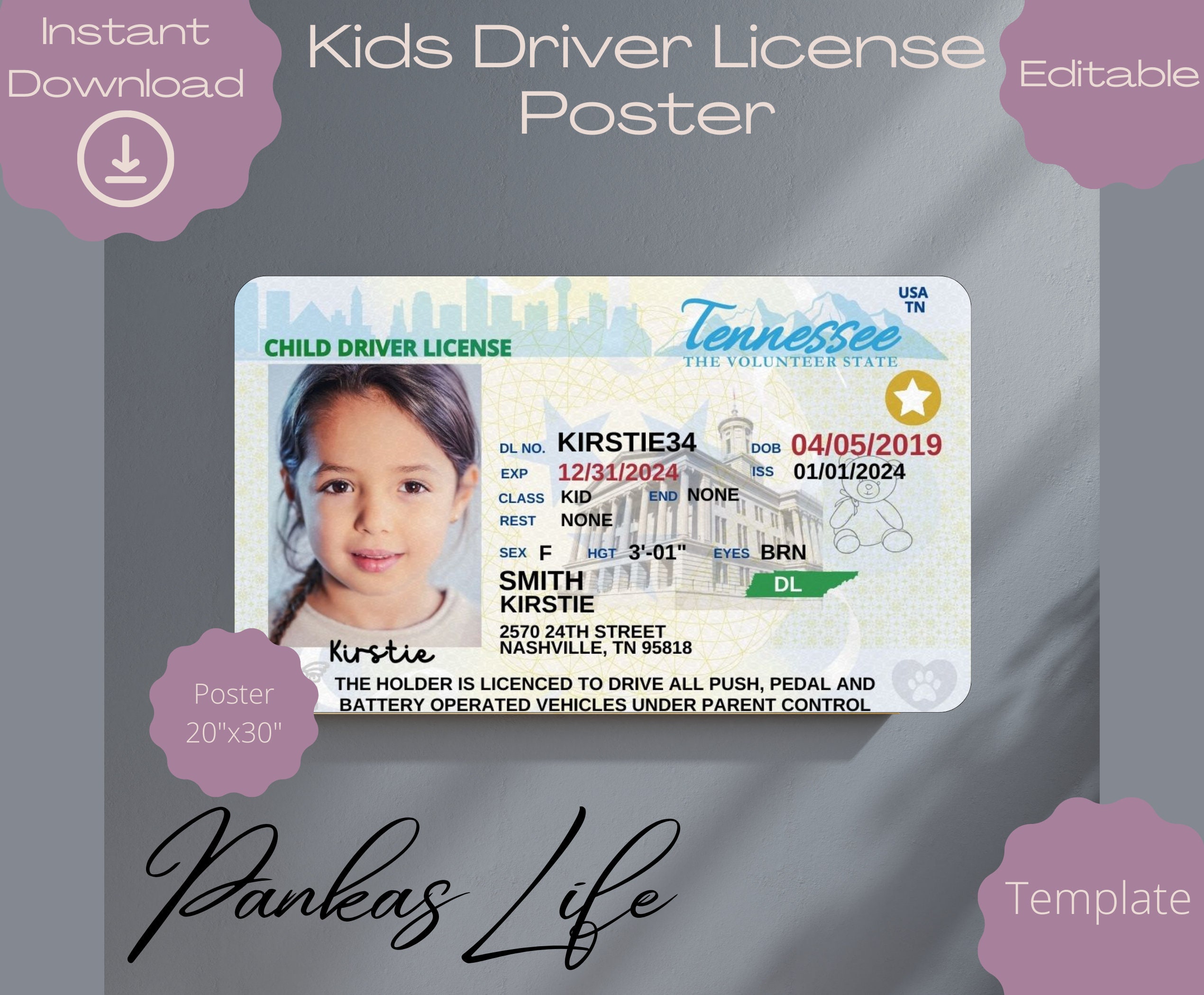 Editable Pretend Play Usa Driver License Poster for Kids, Tennessee ...