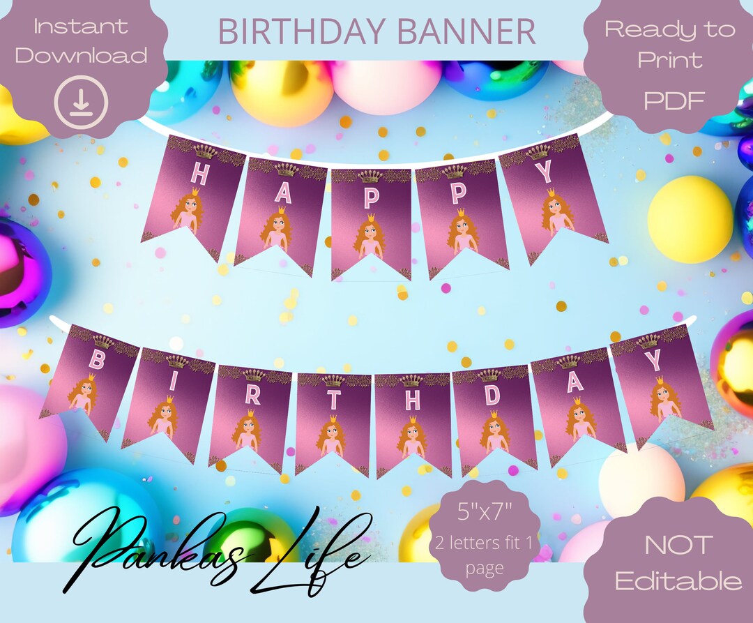 Princess Happy Birthday Banner, Printable Princess Birthday Decorations ...