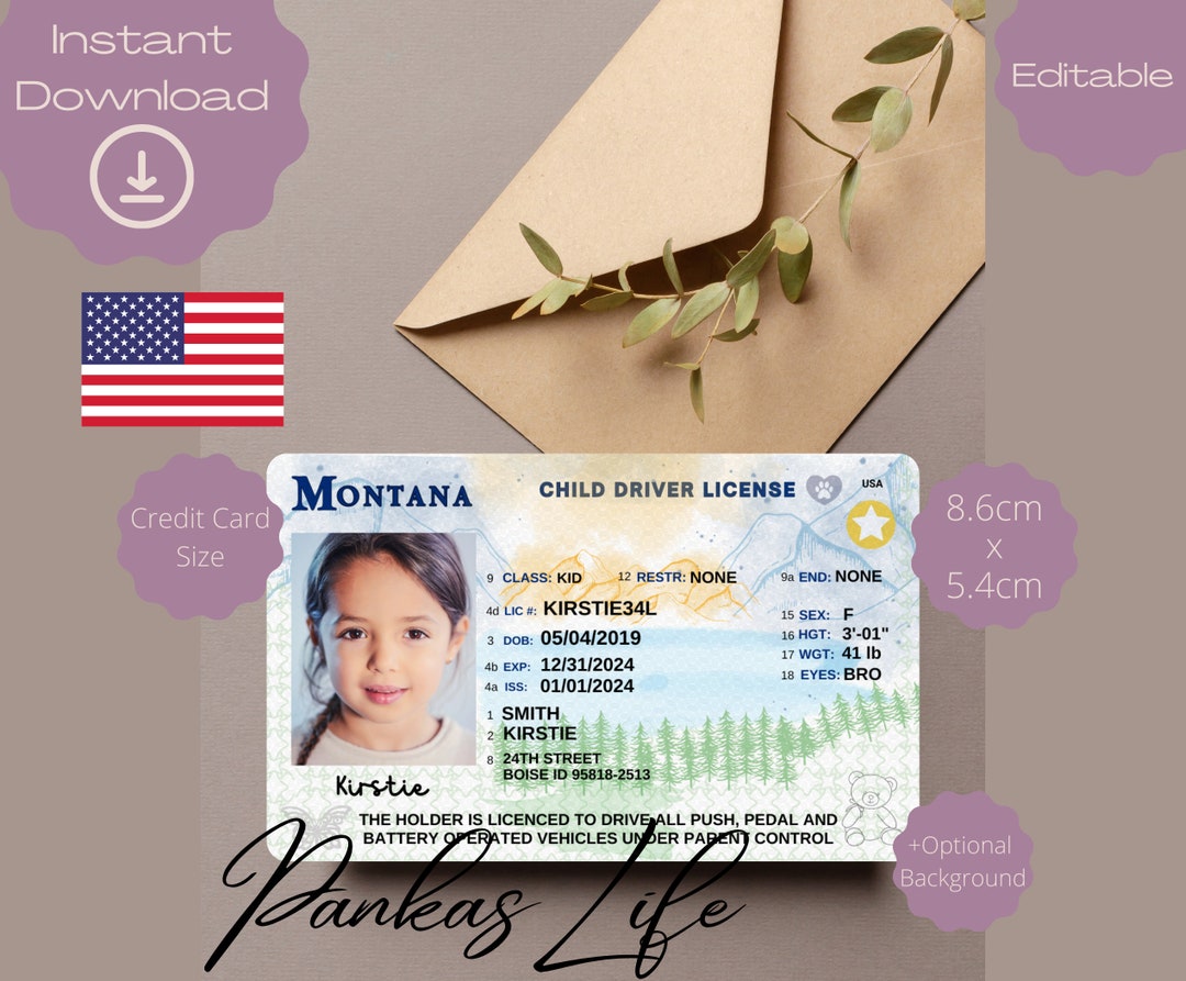Pretend Play Montana Driver License for Kids, Custom ID Badge, Editable ...