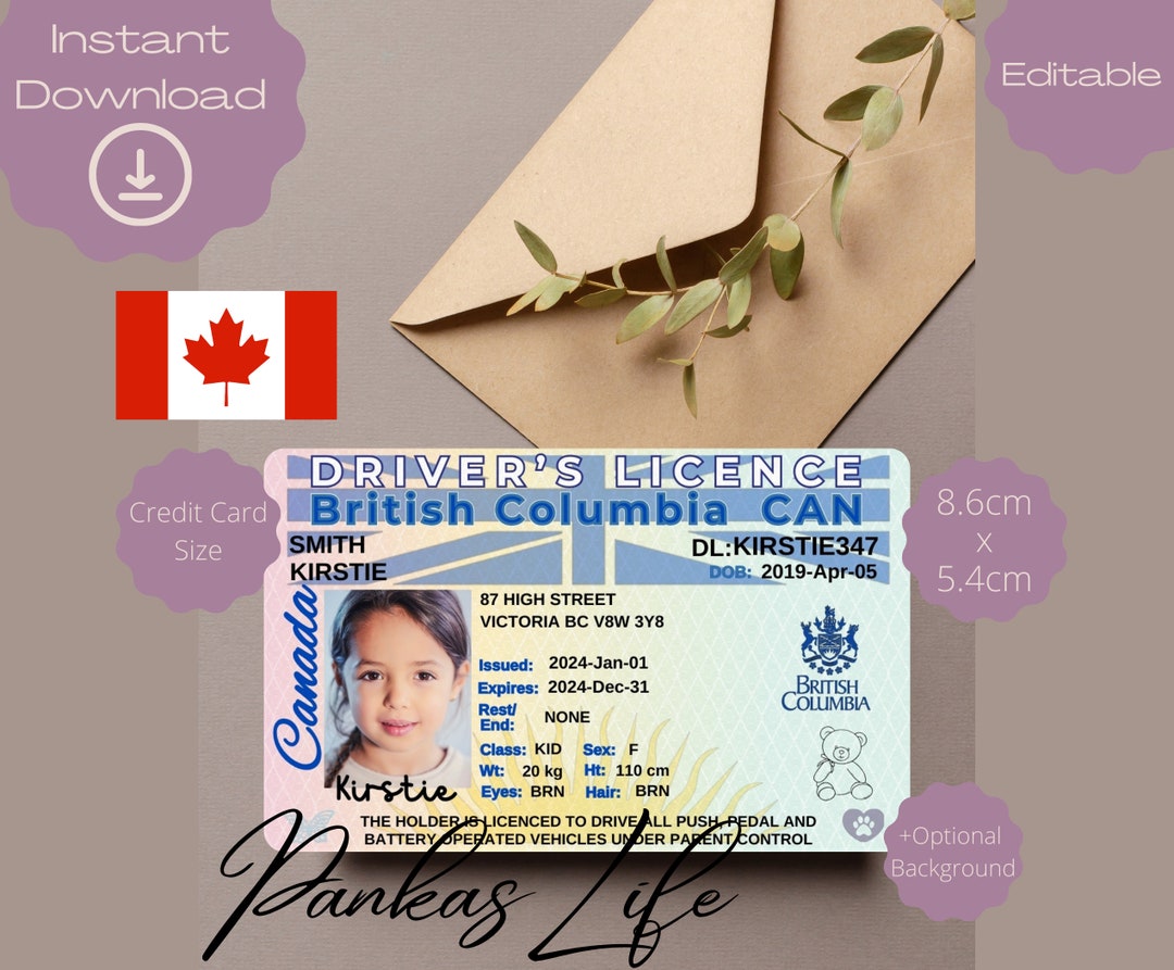 Pretend Play Canada Driver License for Kids, British Columbia Driving ...