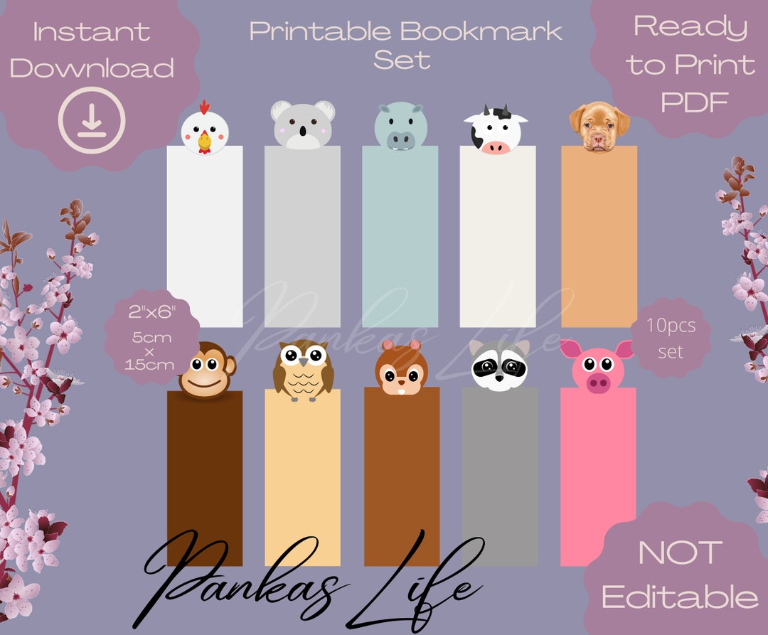Printable Animal Bookmarks for Kids, Cartoon Animal Party Favors, Hang ...