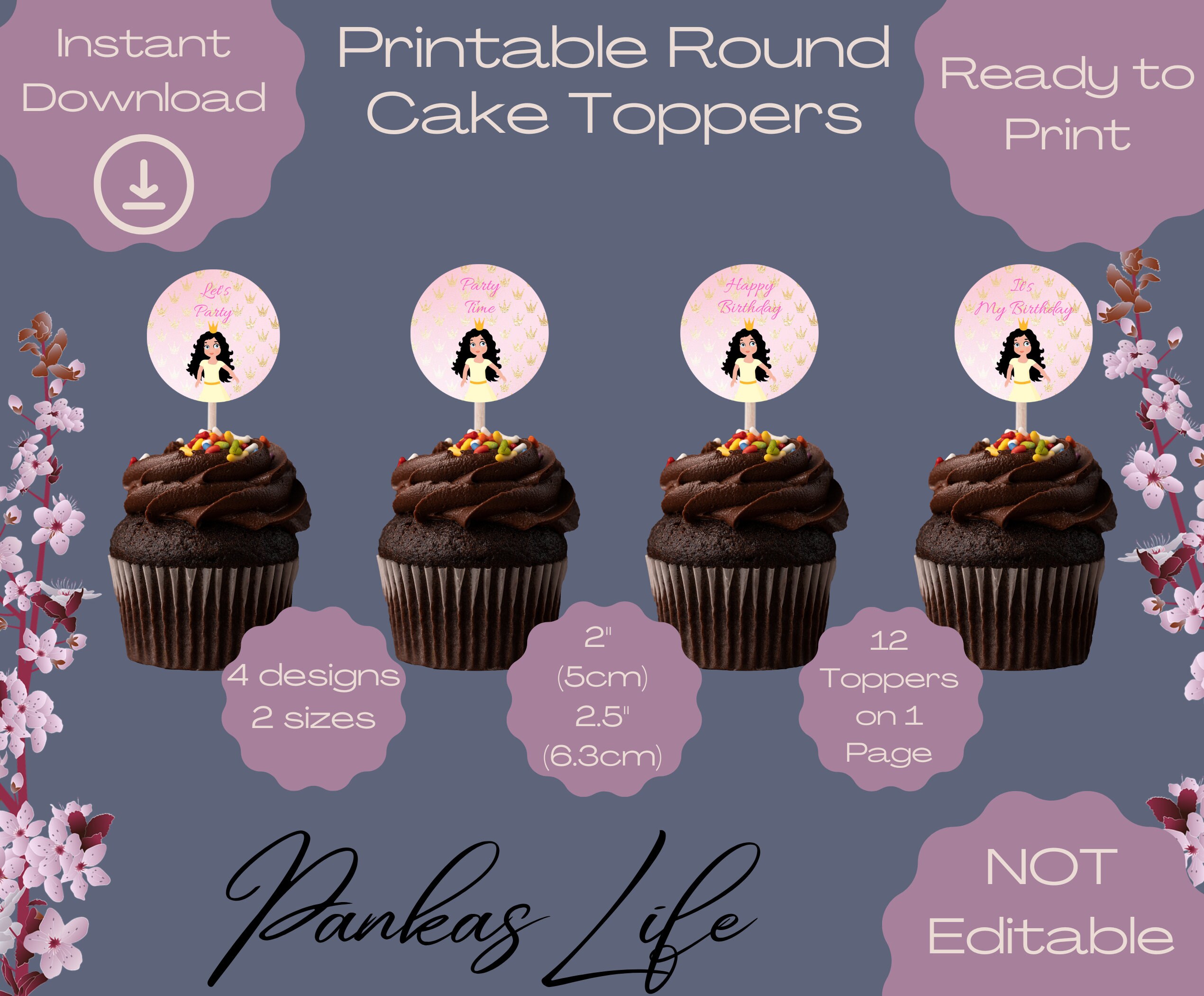 Princess First Birthday Cake Toppers, Printable Kids Pink Cupcake ...