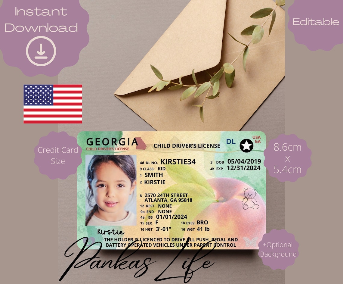 Editable Pretend Play Usa Driver License for Kids, Georgia Driving ...