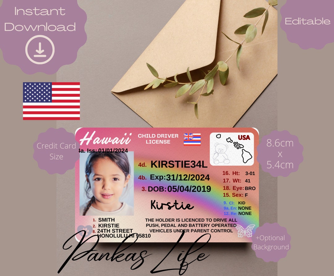 Pretend Play Usa Driver License for Kids, Hawaii Driving Licence ...