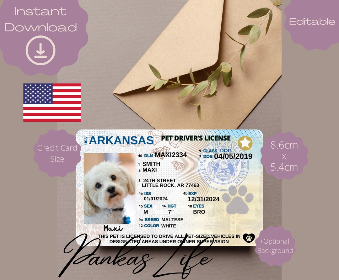 Editable Pretend Play Usa Driver Licence for Pets Arkansas Driving ...