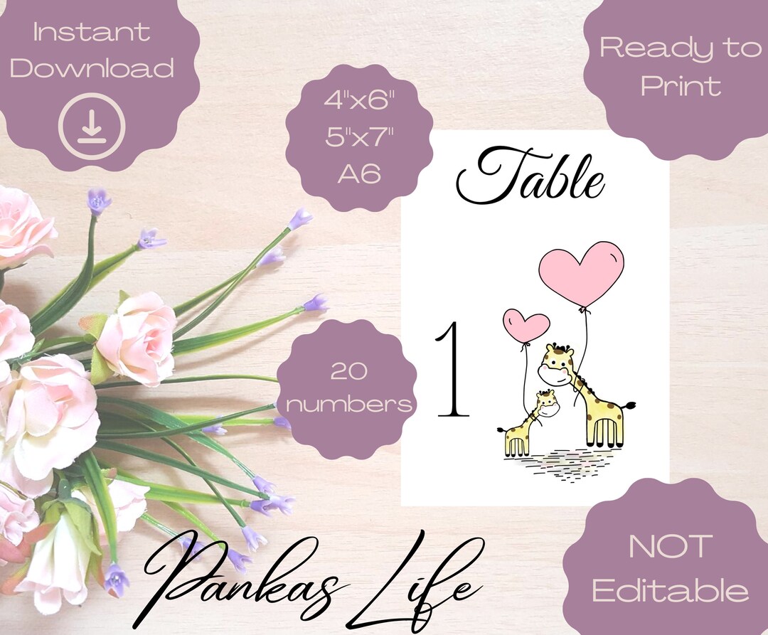 Kids Giraffe Table Number Sign, Cute Animal Birthday Table Decoration ...