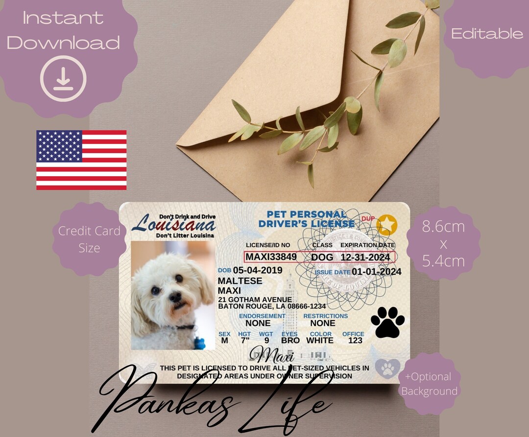 Editable Pretend Play Usa Driver Licence for Pets, Louisiana Driving ...