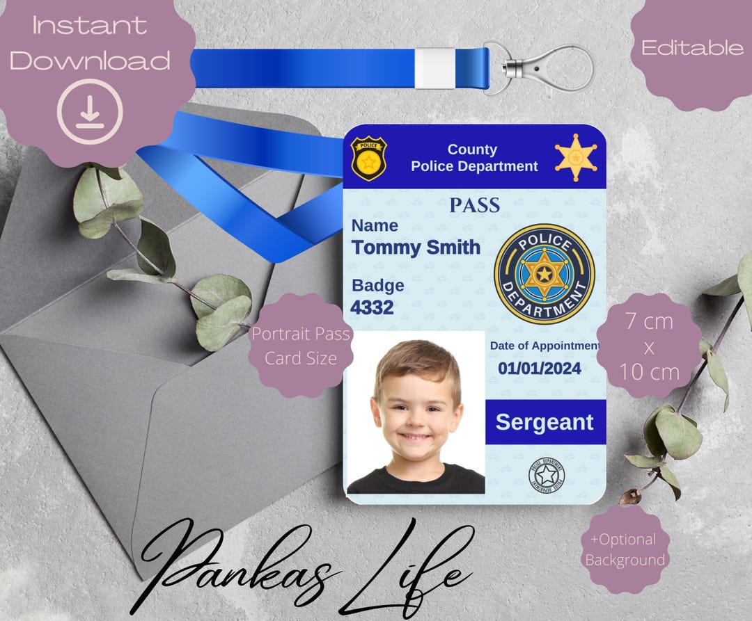 Editable Pretend Play Police Pass Card for Kids, Printable Police ID ...