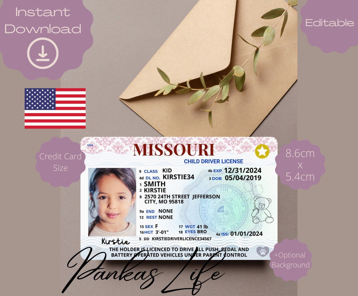 Editable Pretend Play Usa Driver License for Kids Missouri Driving ...