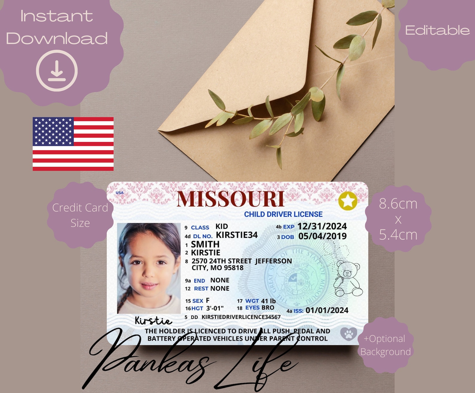 Editable Pretend Play Usa Driver License for Kids Missouri Driving ...