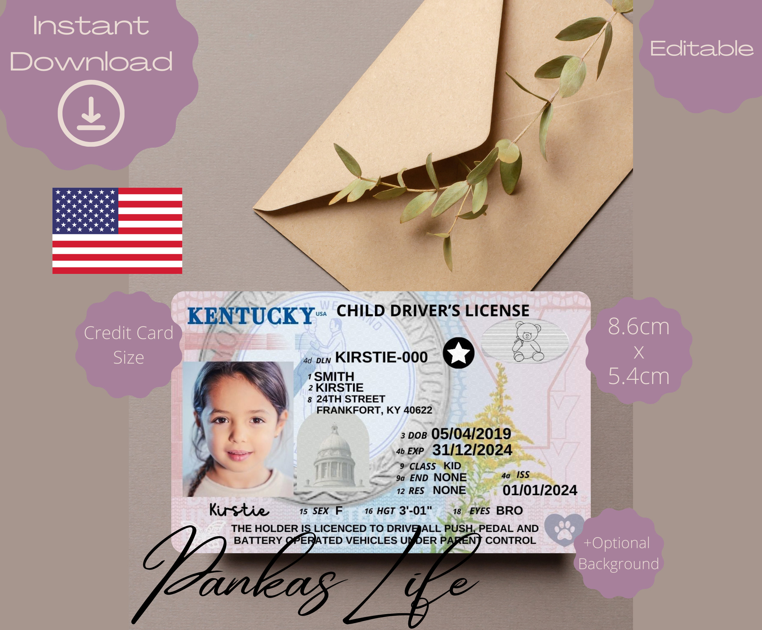 Pretend Play Usa Driver License for Kids, Kentucky Driving Licence ...