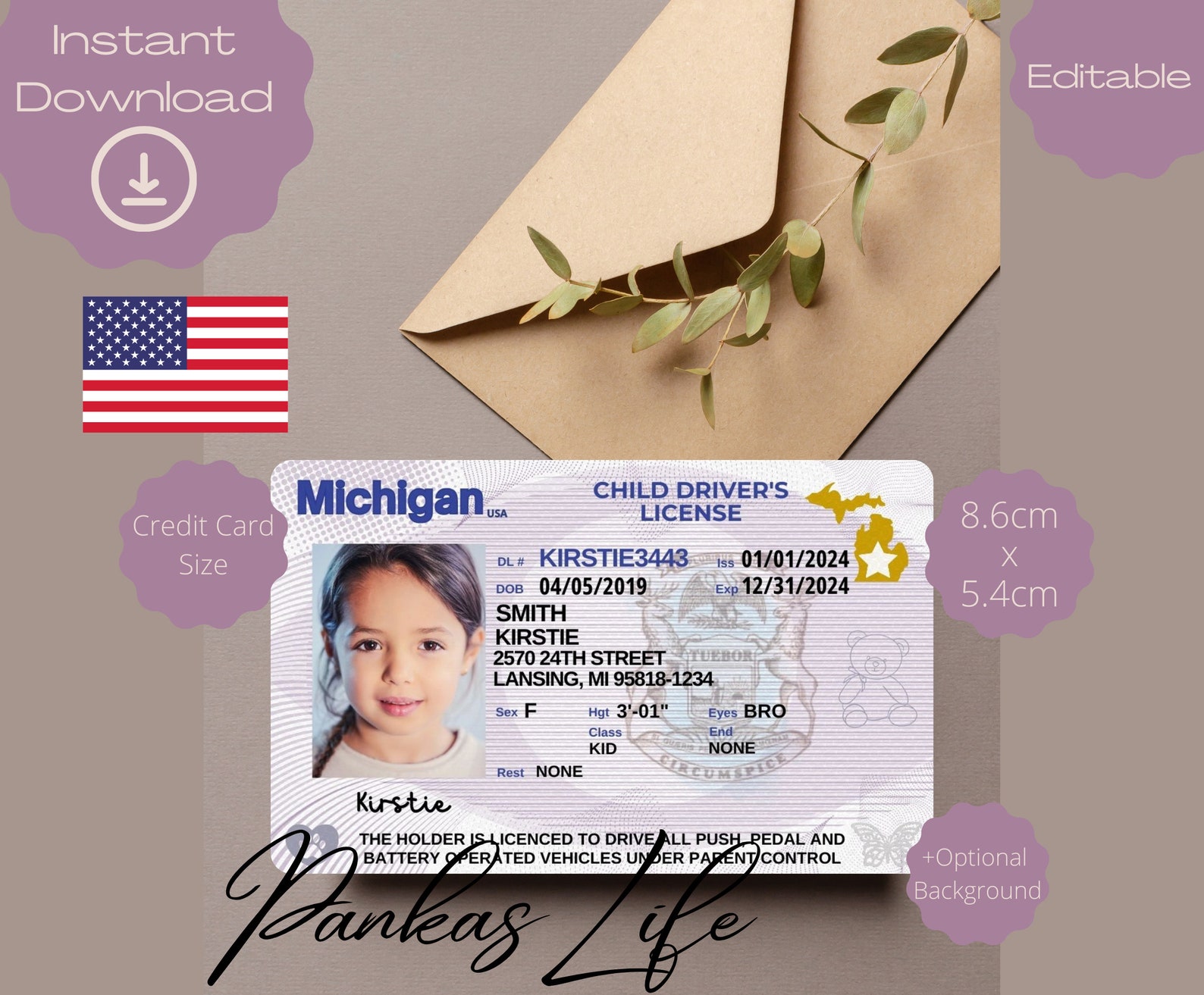 Editable Pretend Play Usa Driver License for Kids Michigan Driving ...
