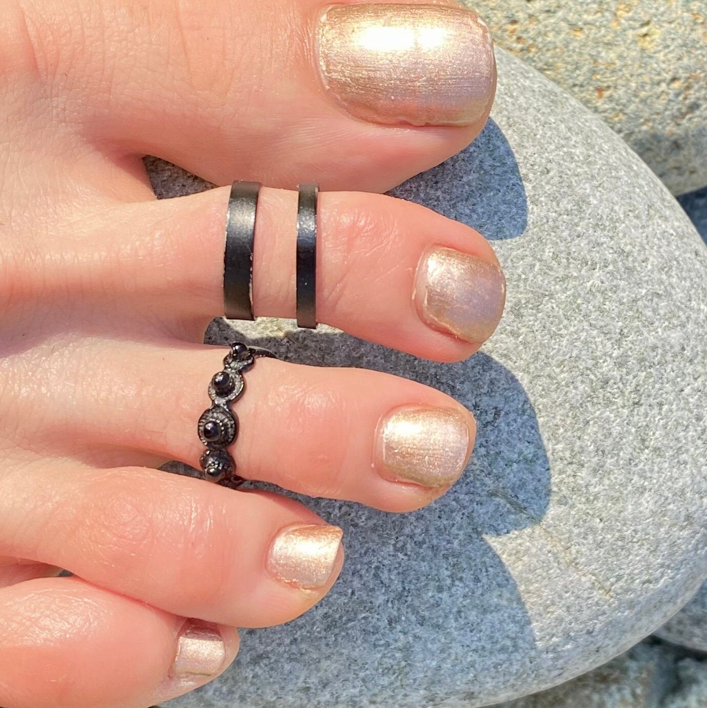 Black Toe Ring Set, Open Band Ring Set, Set of 2 Foot Rings, Dainty ...