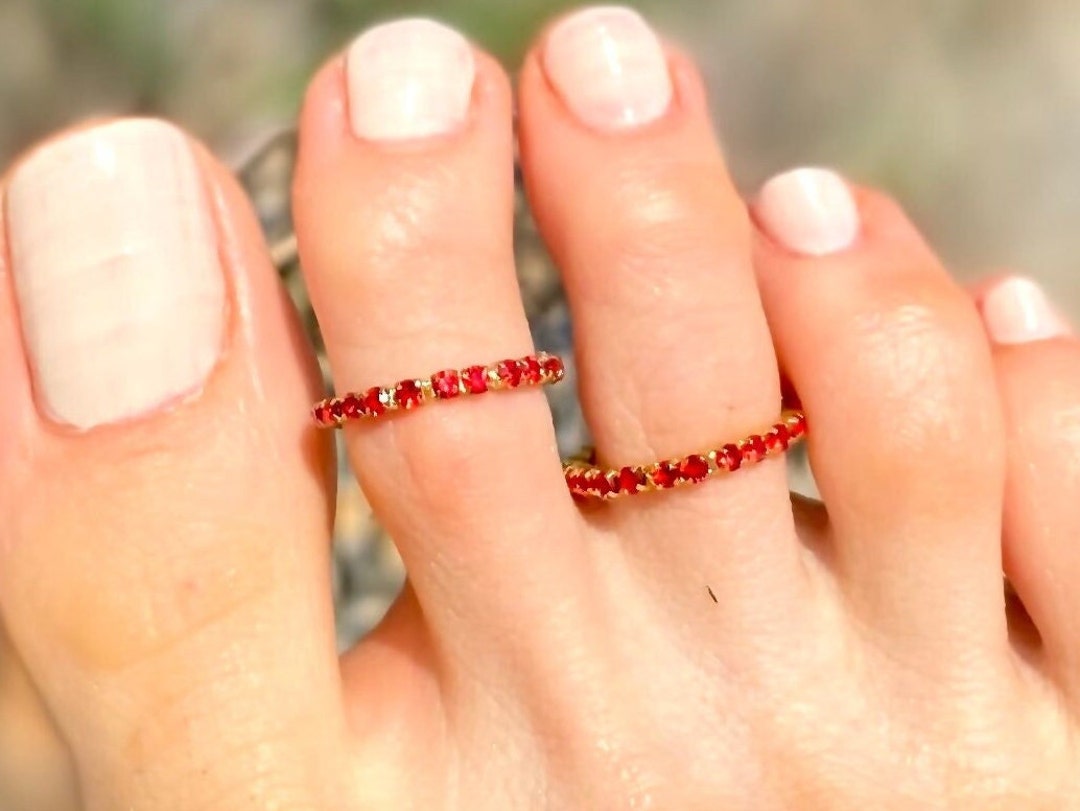 Red Diamond Toe Ring, Gold Eternity Band, Set of 2 Foot Rings, Dainty ...