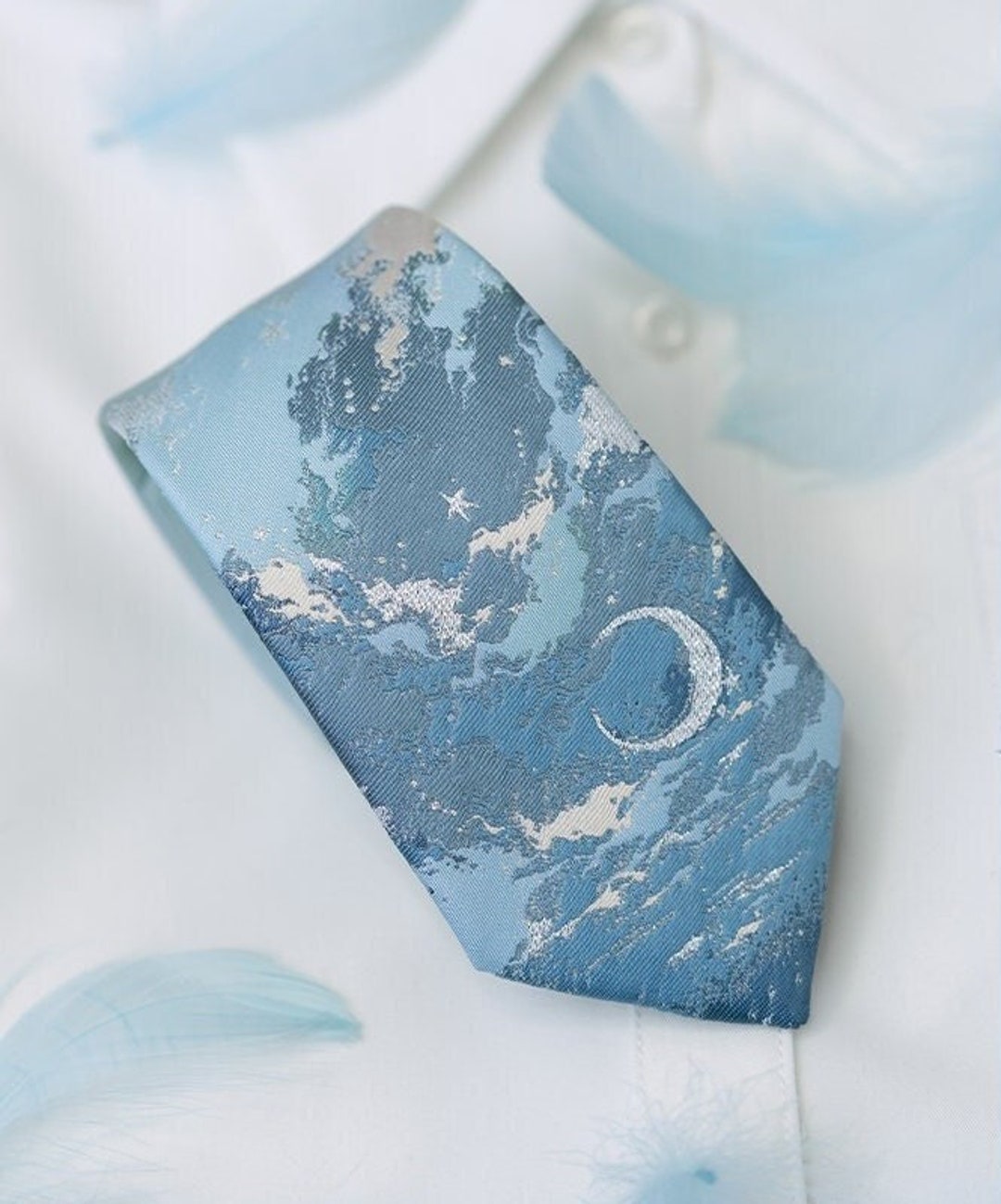 Unique Necktie Cloudy Sea Fog Moon Night White Blue Ethereal Wedding ...