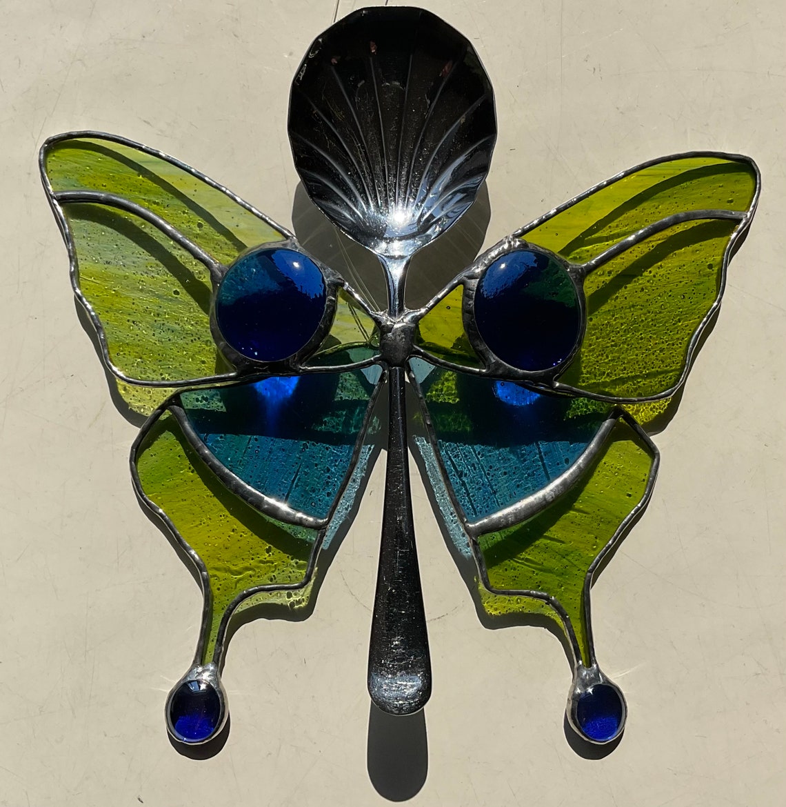 Large Butterfly Flying Spoon Suncatcher - Stained Glass Butterfly Wings ...