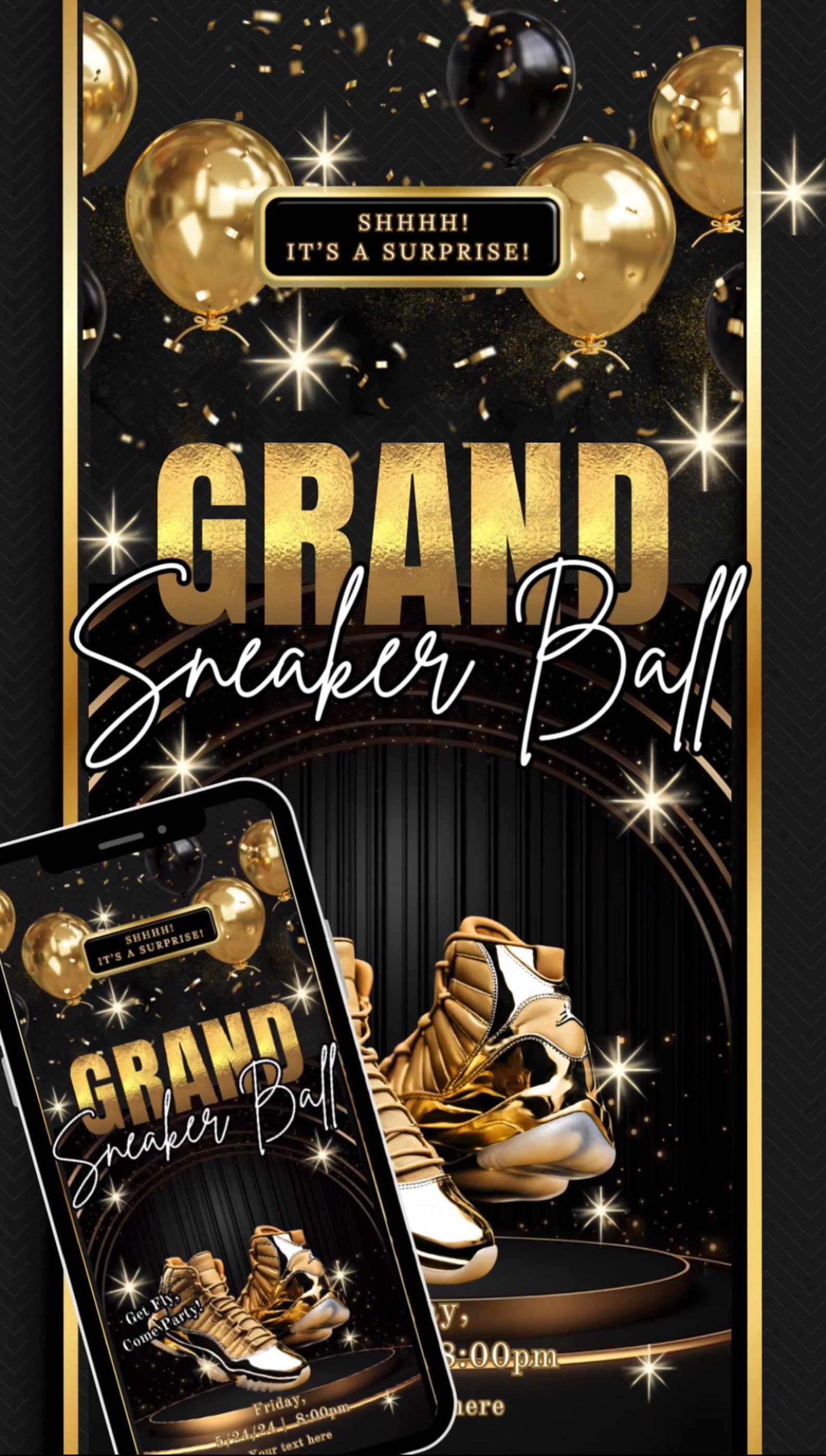 Black & Gold Jordan Birthday Invitation | Sneaker Match Digital Invite ...
