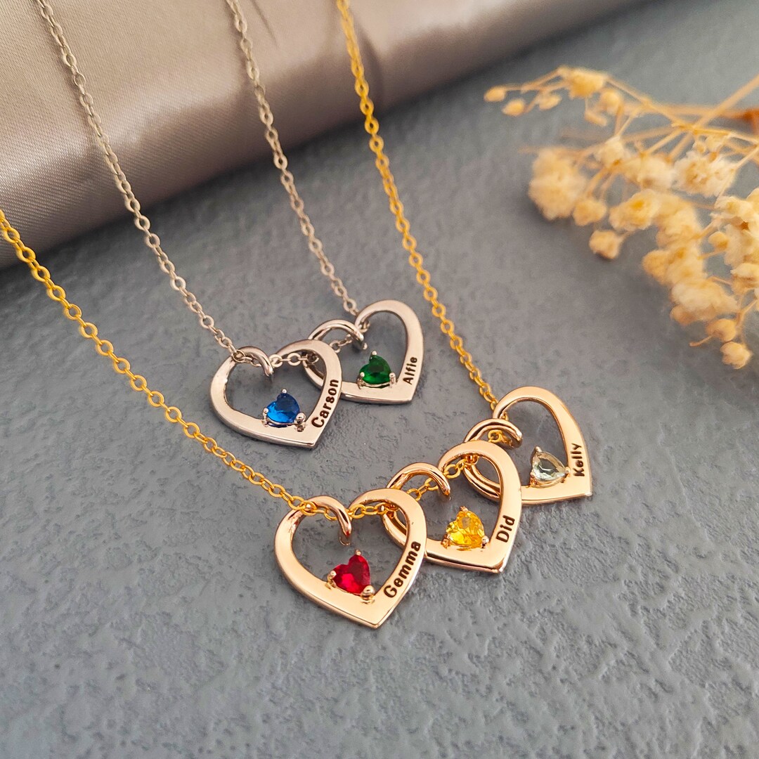 Custom Family Heart Pendant Necklace,birthstone Heart Name Necklace ...