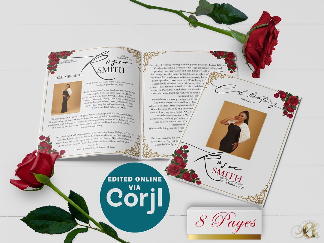 Red Roses Gold Border 8 Page Funeral Program Template | Editable, 8 ...