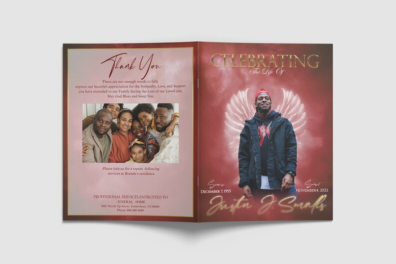 Red Funeral Program Template With Angel Wings Bi-fold 8 - Etsy Hong Kong