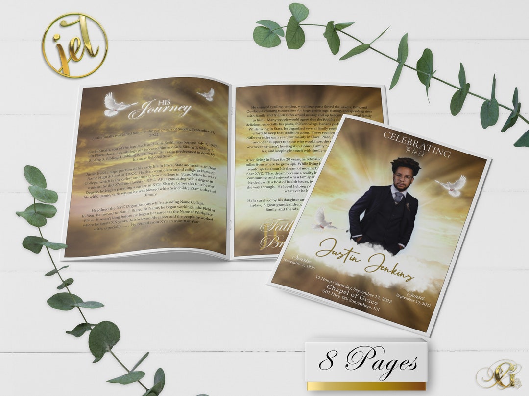 Modern Funeral Program Template Bifold 8 Page, Editable, 8.5x5.5, 8 ...