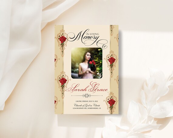 Vintage Red Rose Funeral Program Template Bi-fold 4 Page - Etsy