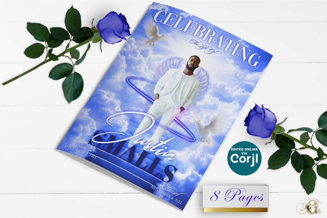 Royal Blue Funeral Program Template | Bi-fold, 8 Page, Editable, 11x17 ...