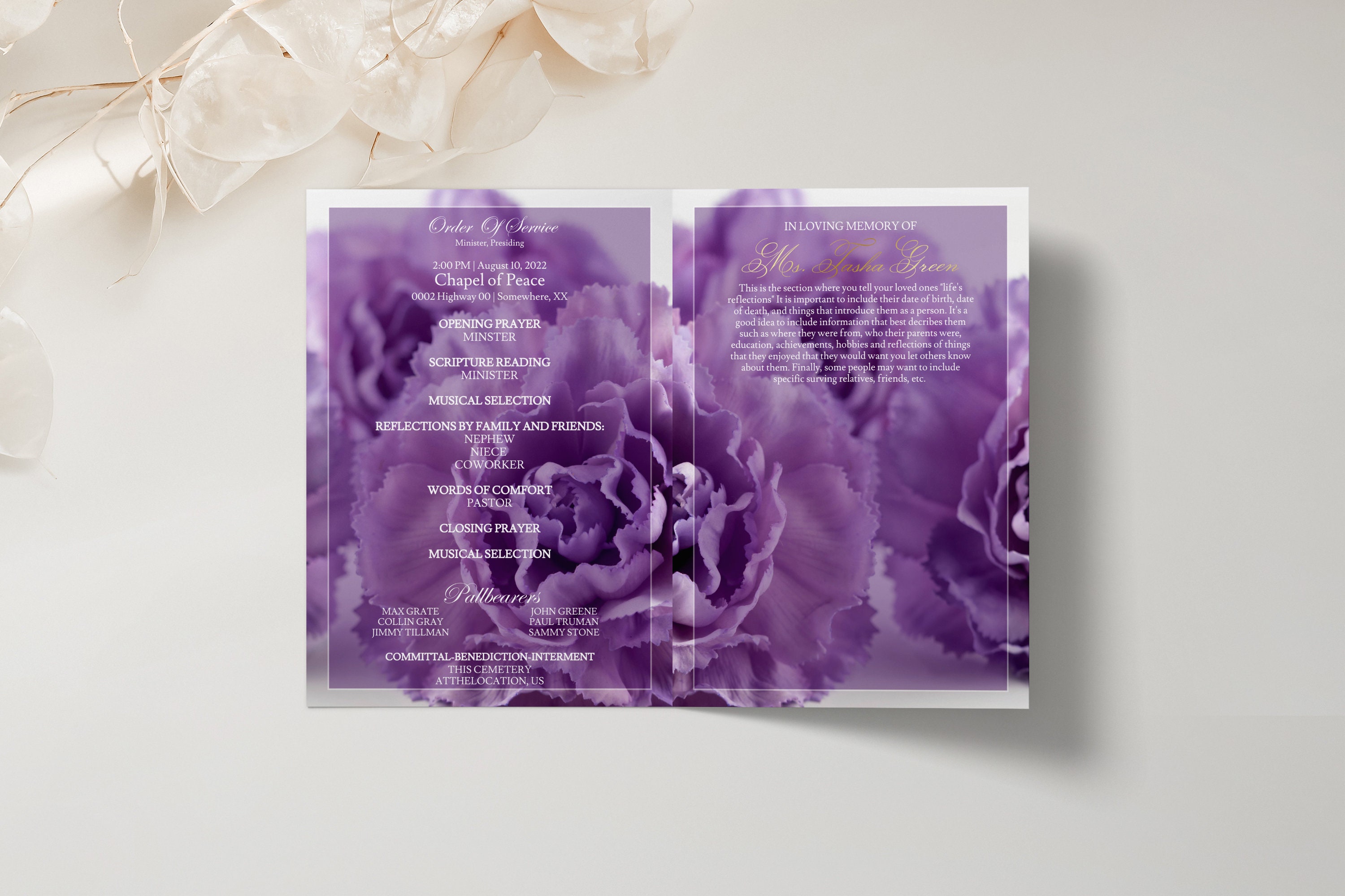 Purple Floral Funeral Program Template Bi-fold 4 Page - Etsy Canada