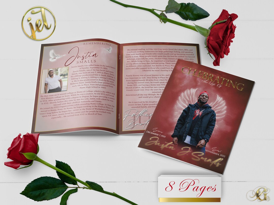 Red Funeral Program Template With Angel Wings Bi-fold, 8 Page, Editable ...