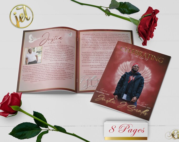 Red Funeral Program Template With Angel Wings Bi-fold, 8 Page, Editable ...
