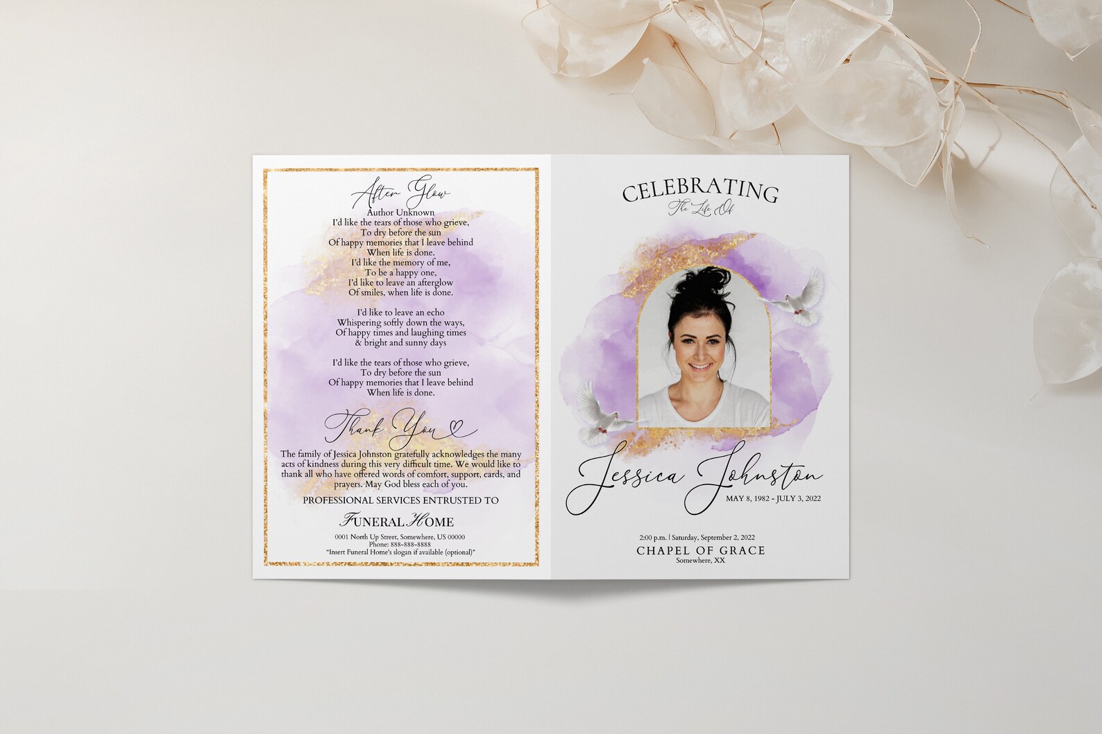 Purple and Gold Funeral Program Template Bi-fold, 4 Page, Editable, 5 ...