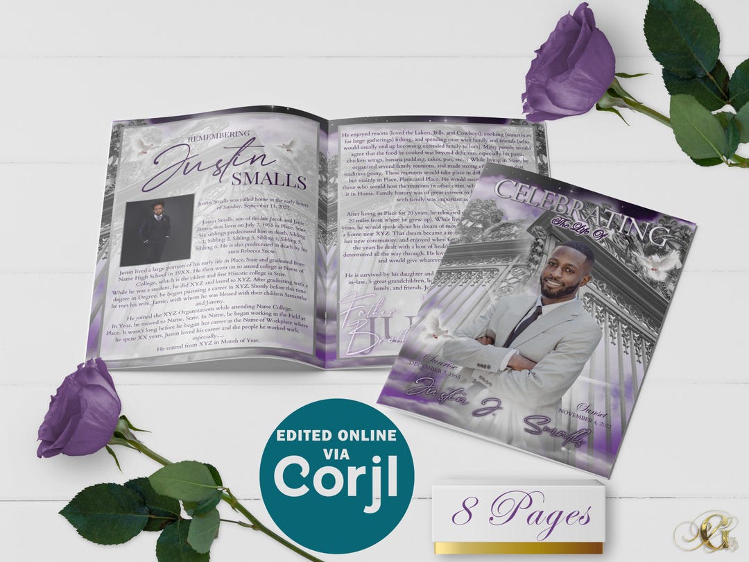 Purple Silver Funeral Program Template: 8-page Bi-fold (editable in ...