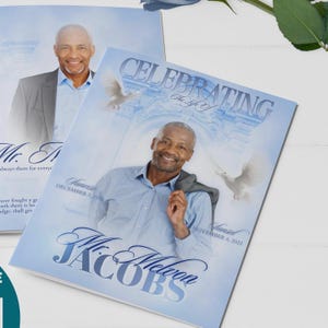 Blue Funeral Program Template | 8 Page, Editable, 11x17 - Etsy