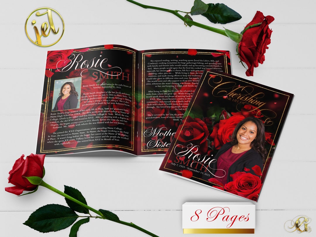 Red Rose Petals 8 Page Funeral Program for Women Bi-fold, Editable, 8 ...