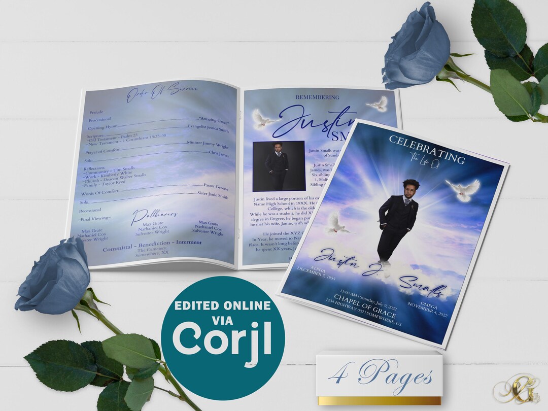 Royal Blue Funeral Program Template | Bi-fold, 4 Page, Editable, 8.5x11 ...