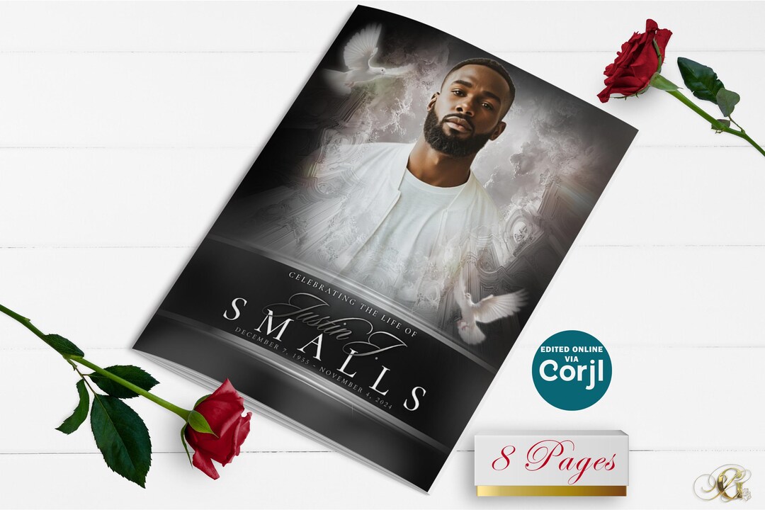 Black and Silver Funeral Program Template | Bi-fold, 8 Page, Editable ...